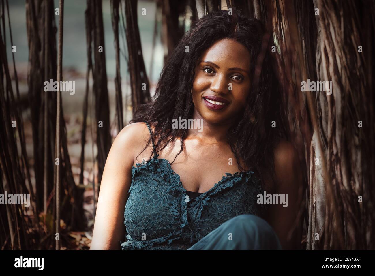 Happiest outside in the garden, carefree young black woman Stock Photo ...