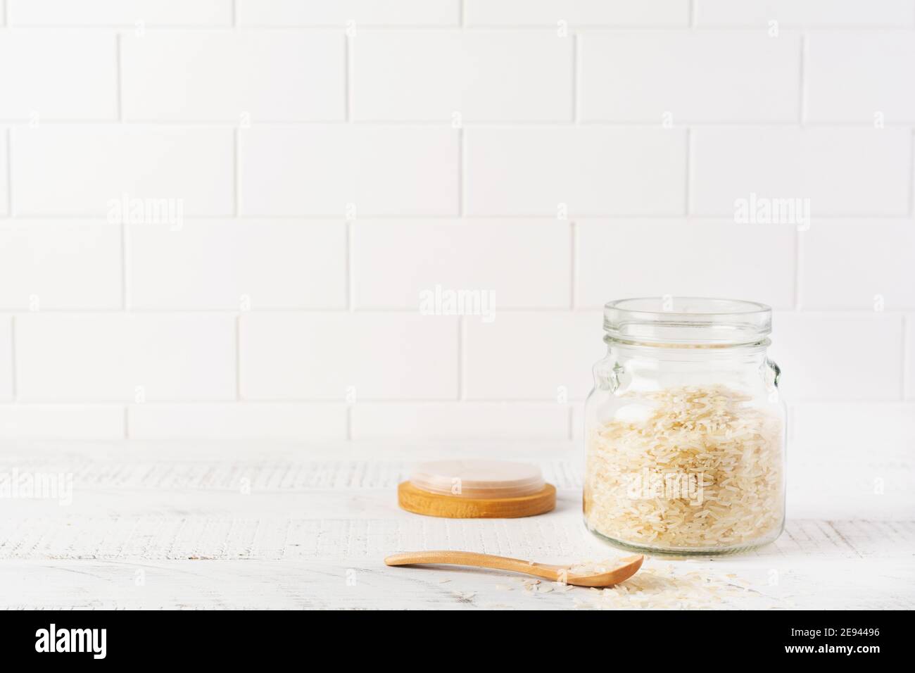 Raw White rice variety Arborio for Italian risotto dishes in glass jar ...