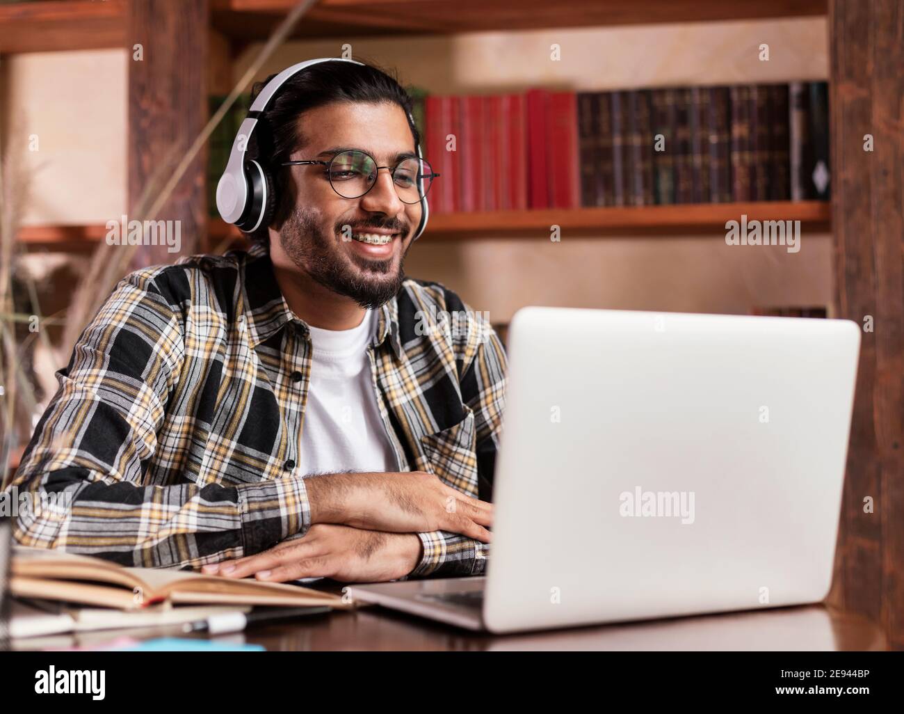 Student Having Online Lecture Via Video Call At Laptop Indoors Stock ...