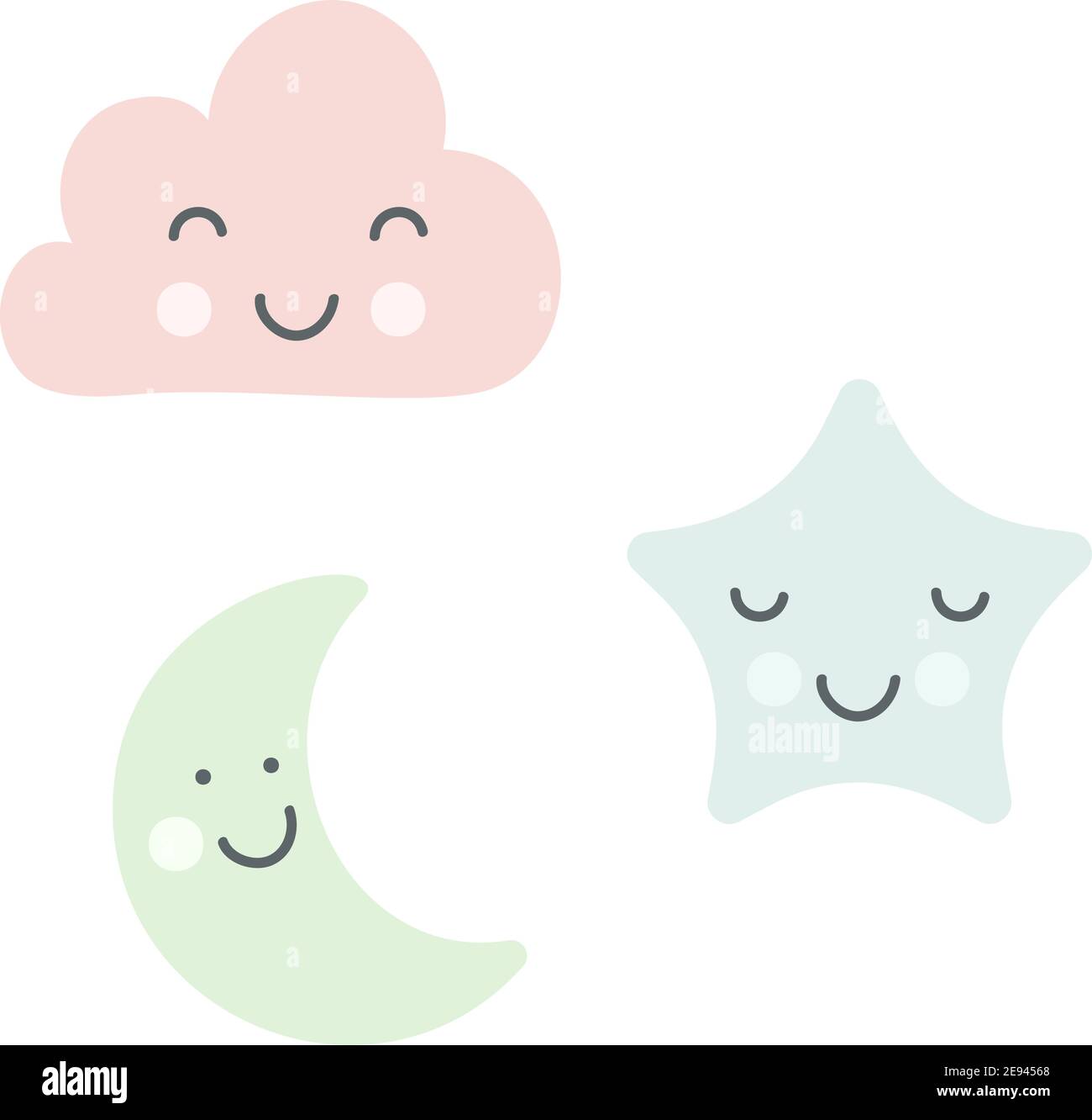 Set of pastel green moon, blue sleepy star and pink cloud for baby room ...