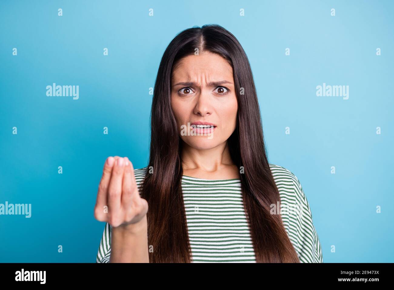 Photo of unsatisfied lady sullen face show hand fingers few wear white ...