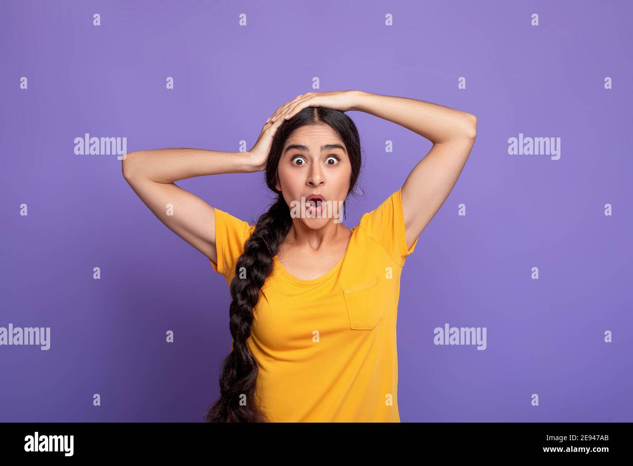 Close up portrait of shocked young indian woman screaming Stock Photo ...
