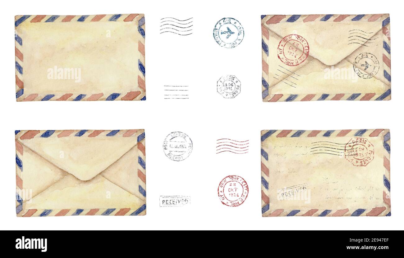 Watercolor old-fashioned postal set isolated on white background in ...