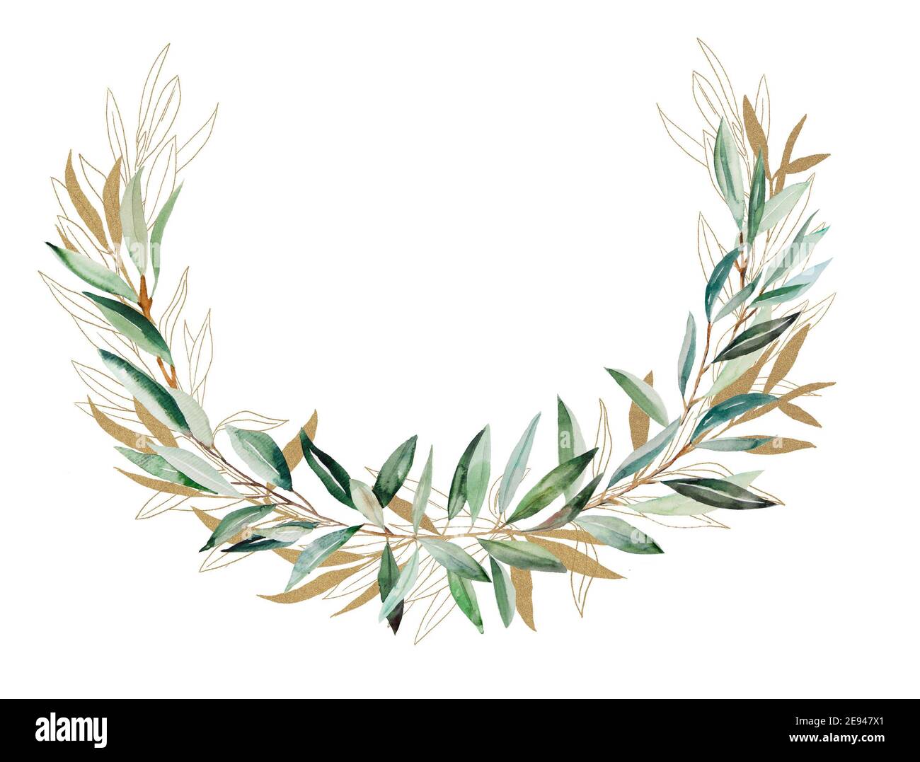 Watercolor Olive branch gold frame illustration Stock Photo - Alamy