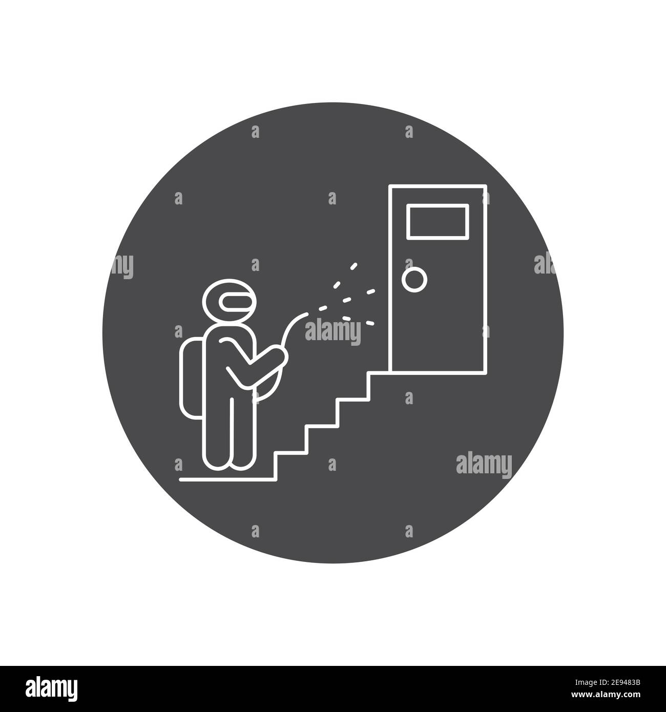 Residential building porch disinfection black glyph icon. Worker in ...
