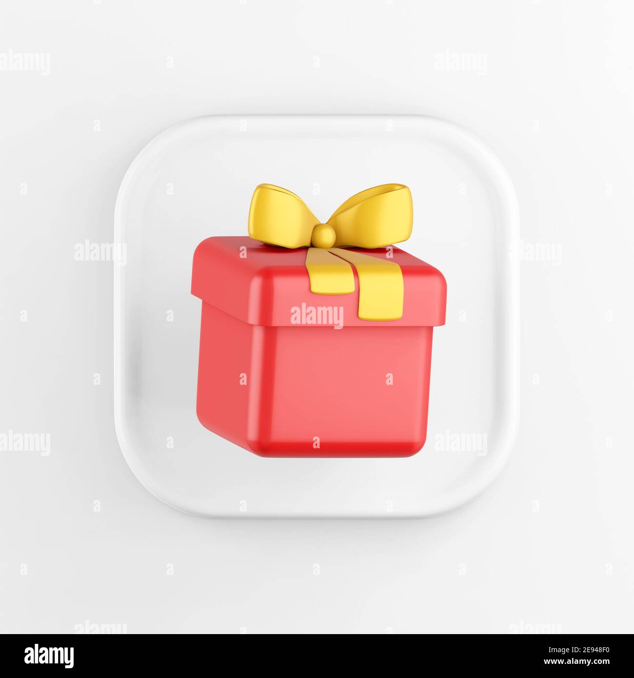 3D rendering square white button icon, red gift with yellow bow ...
