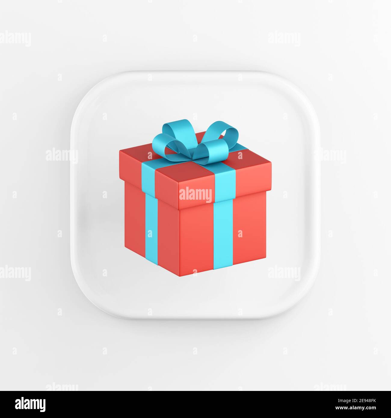 3D rendering square white button icon, red gift with blue bow isolated ...
