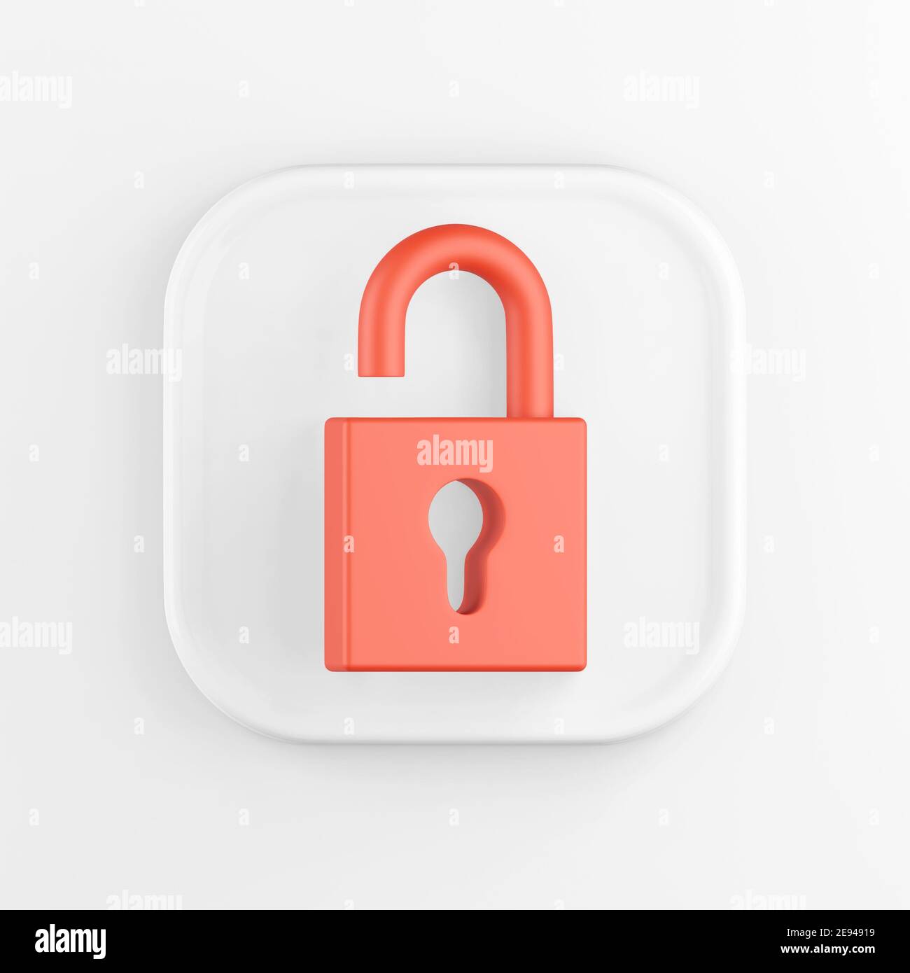 3D rendering of a white square icon button. Red open padlock Isolated ...