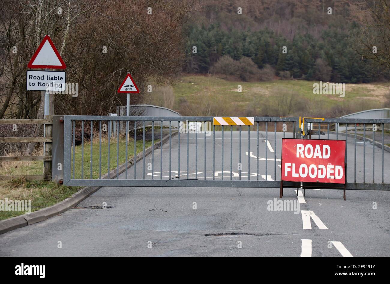 Road flooded sign at Agricultural Way in Bakewell which is the access ...