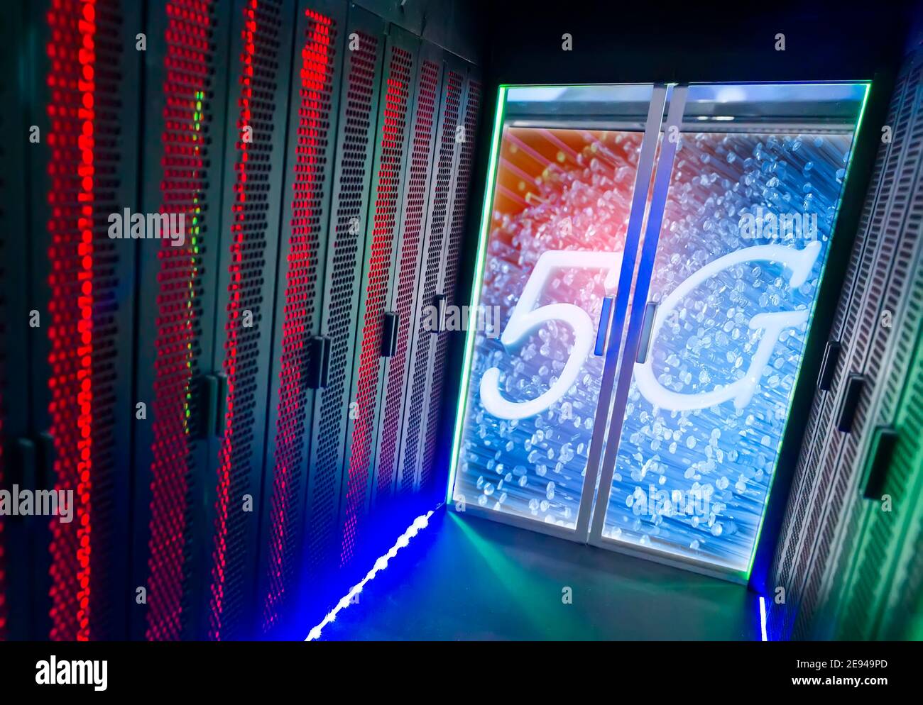 5G signs with Fiber optics cable and datacenter background ...