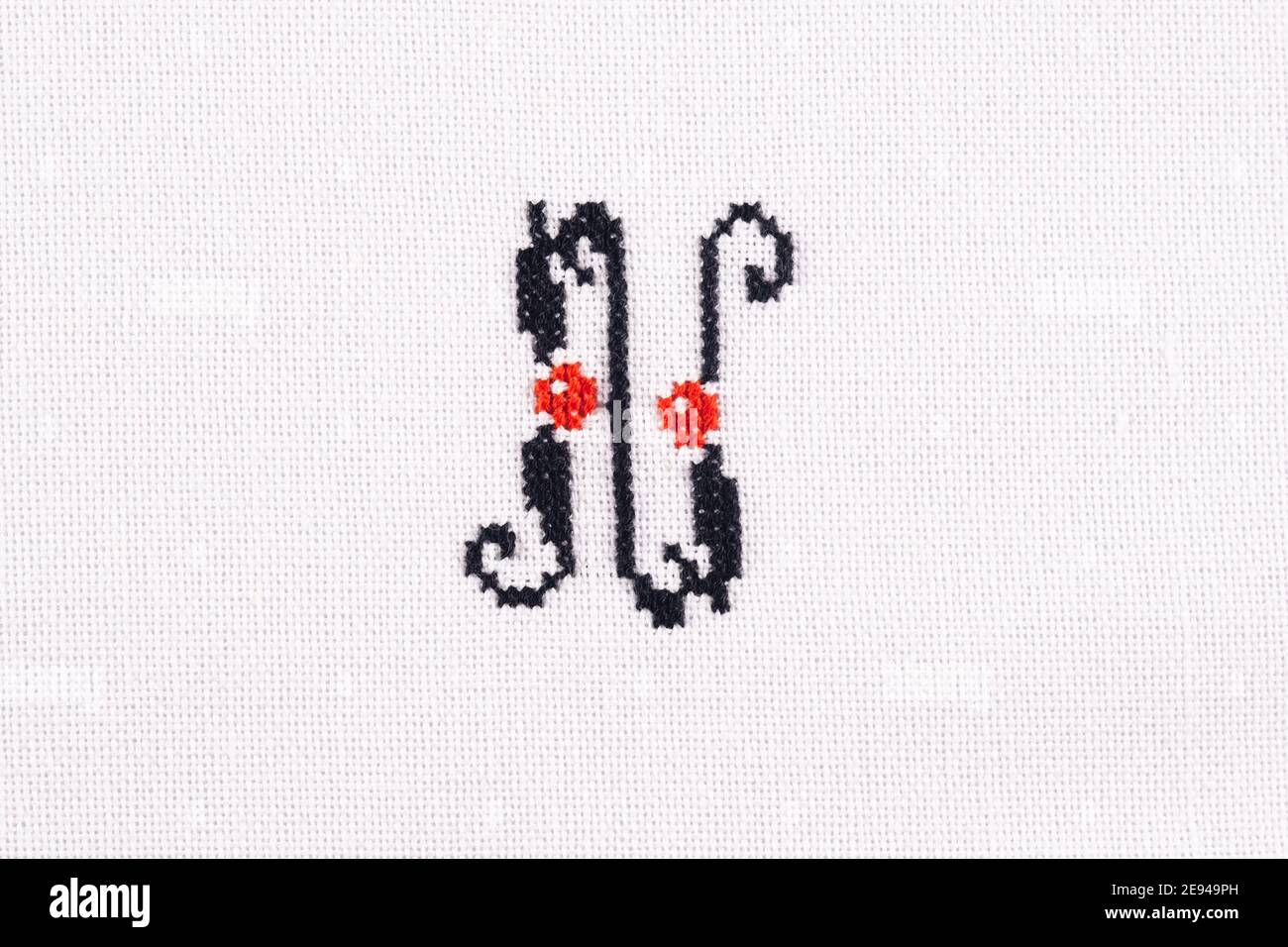 Letter N of Embroidered Cross - Stitch Latin Alphabet on White Linen ...