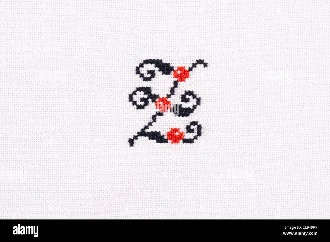 Letter Z of Embroidered Cross - Stitch Latin Alphabet on White Linen ...