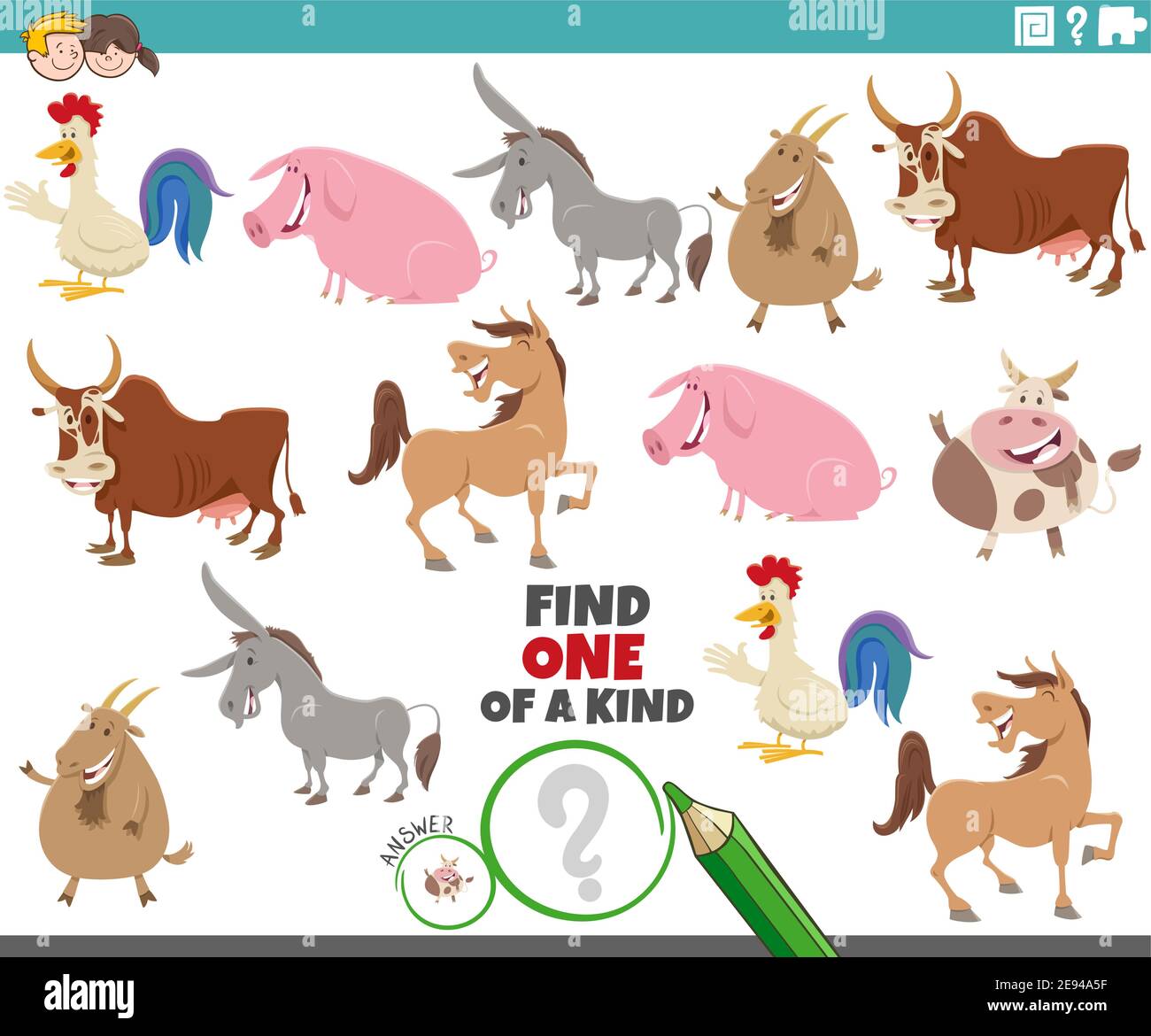 Cartoon illustration of find one of a kind picture educational game ...