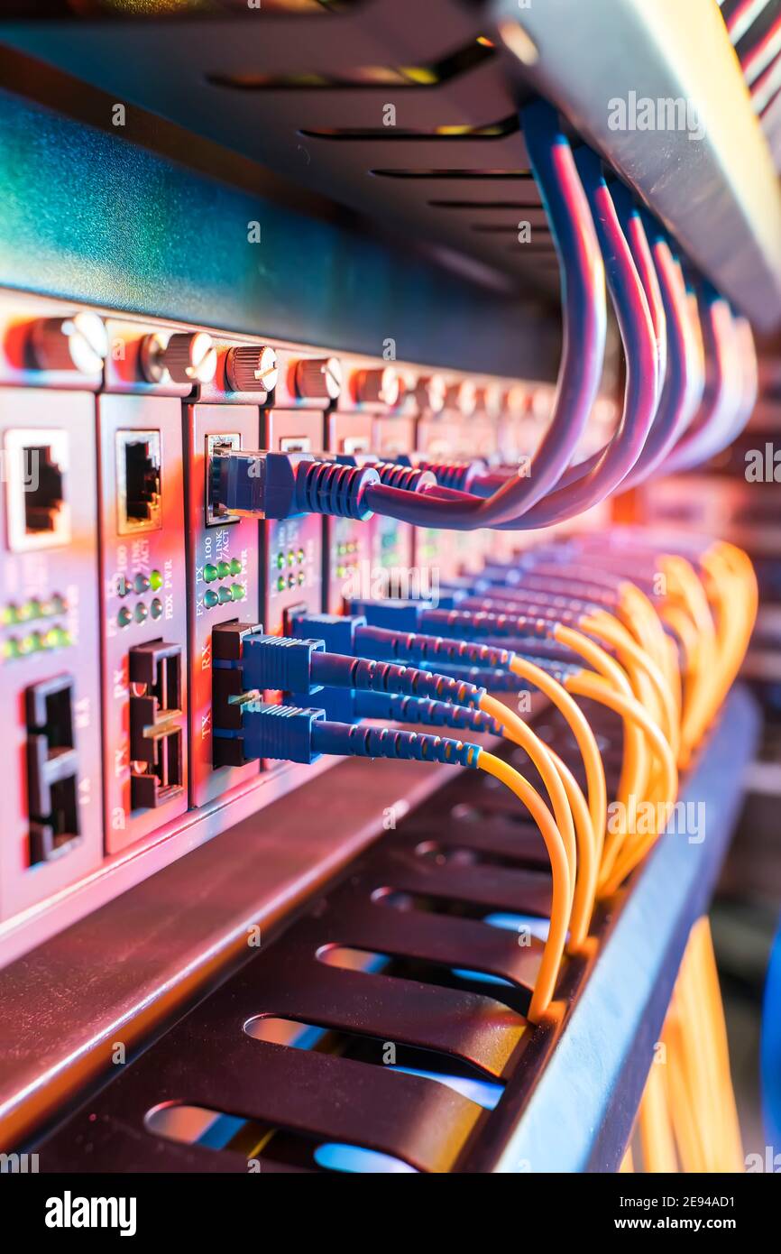Fiber Optical cables connected to an optic ports and Network cables ...