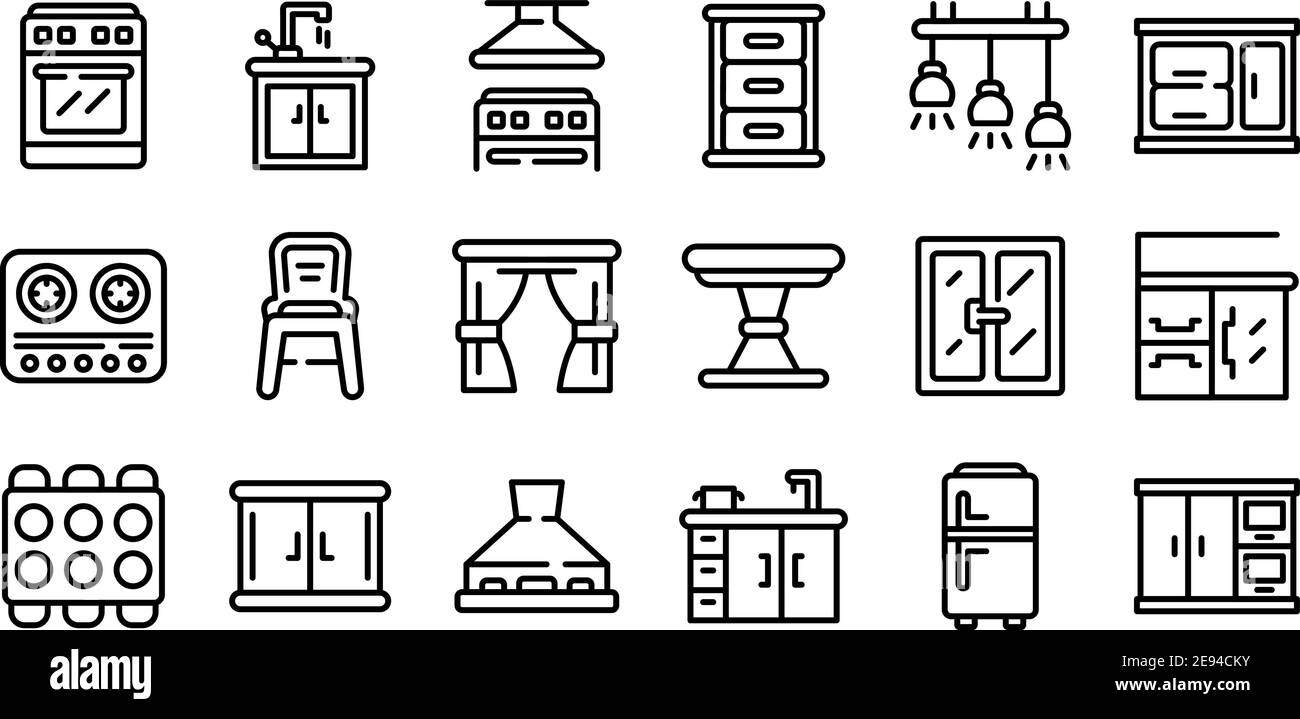 Kitchen furniture icons set. Outline set of kitchen furniture vector ...