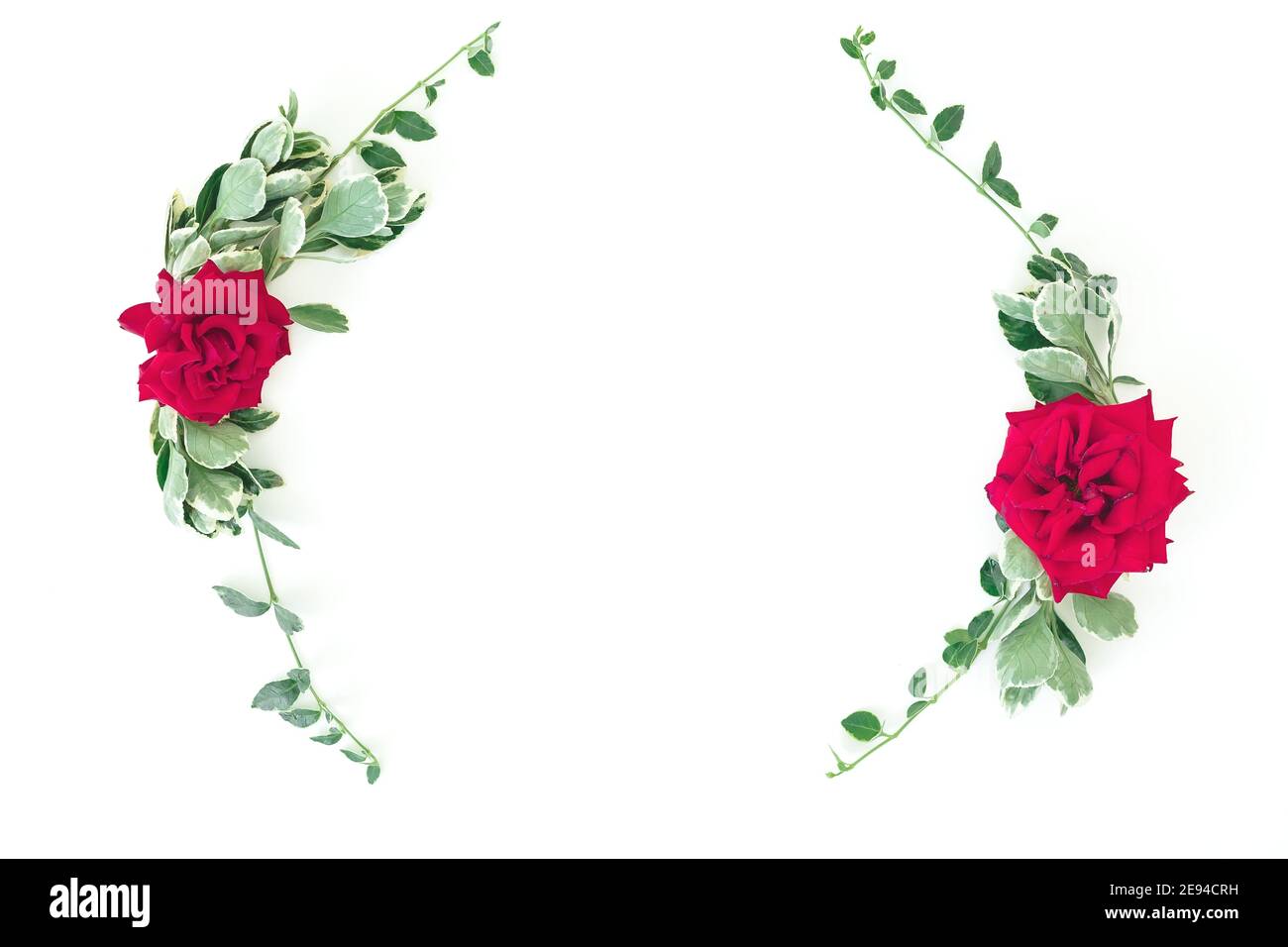Floral frame made of red roses and leaves on white background. Flat lay ...