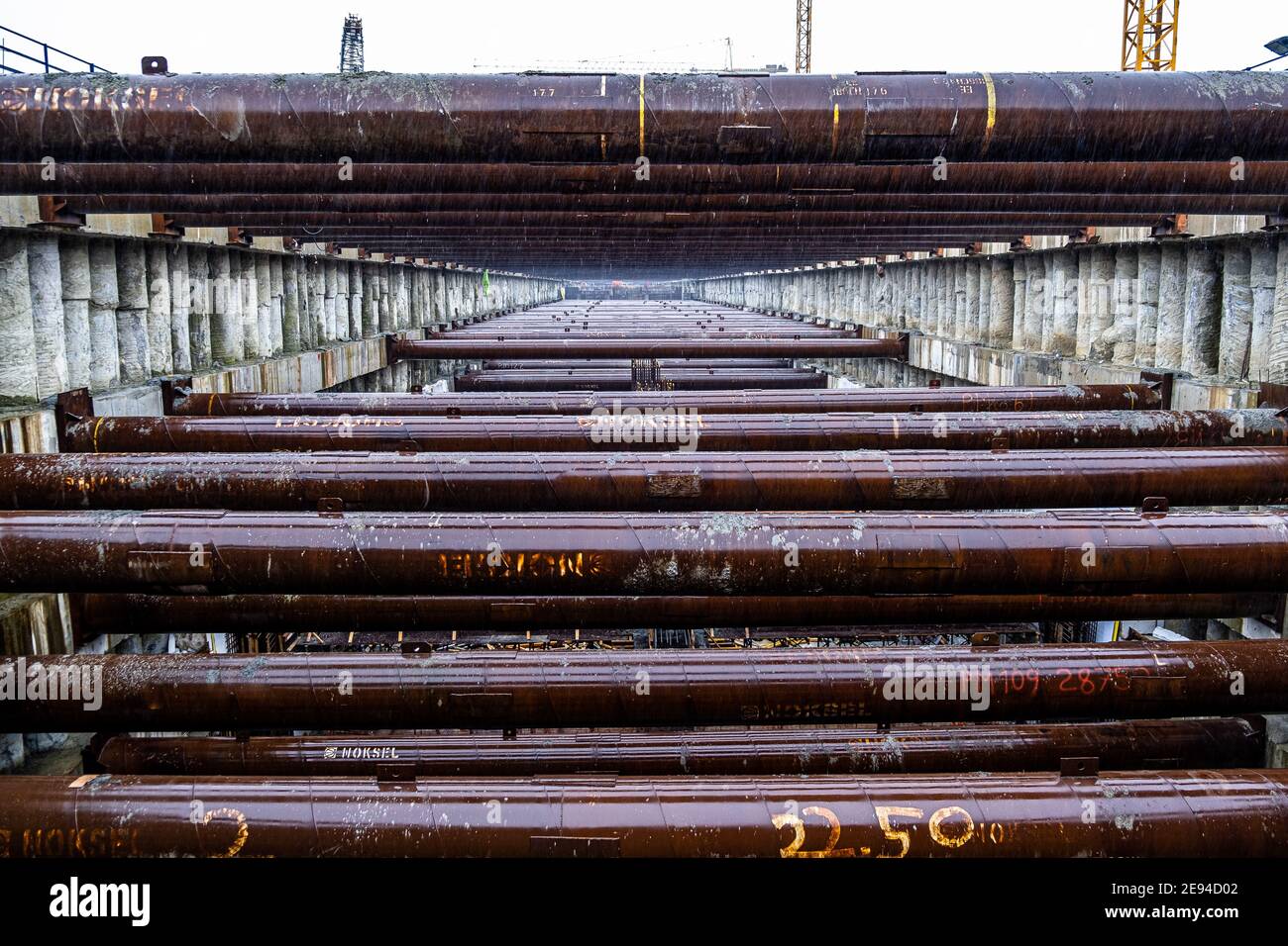 Perspective view of horizontal pipes in a metro construction project ...