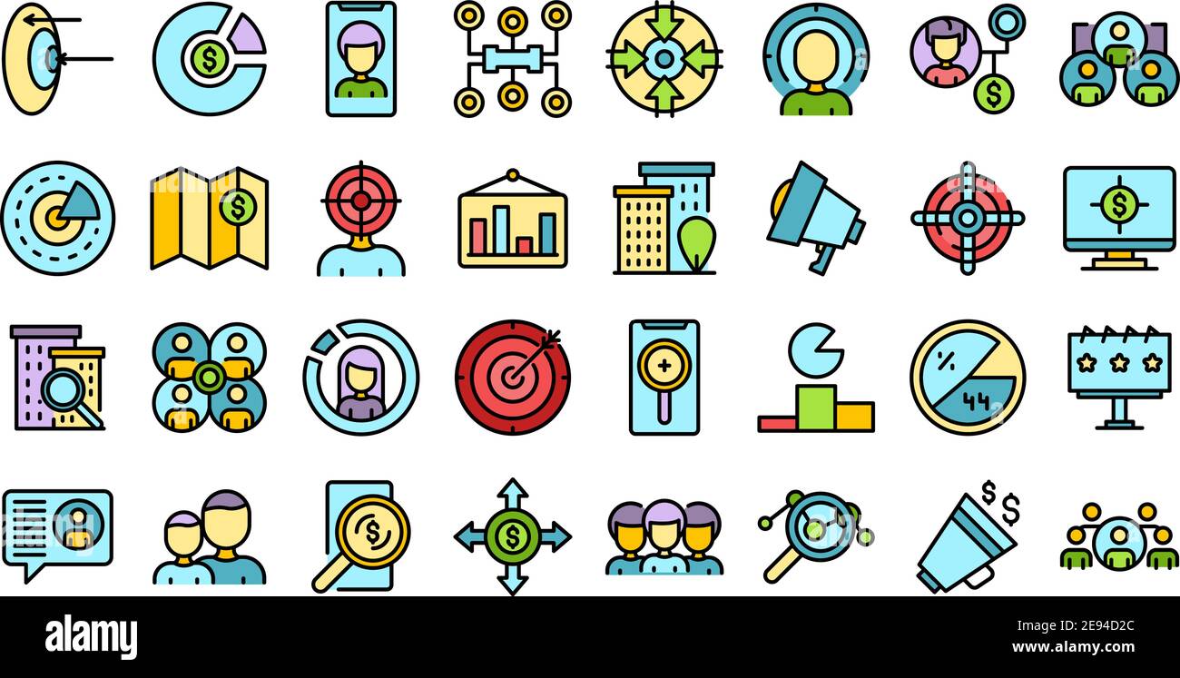 Target audience icons set. Outline set of target audience vector icons thin line color flat on ...