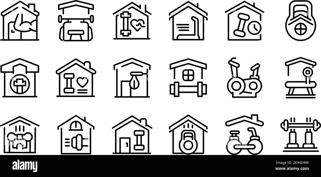 Home gym icons set. Outline set of home gym vector icons for web design ...