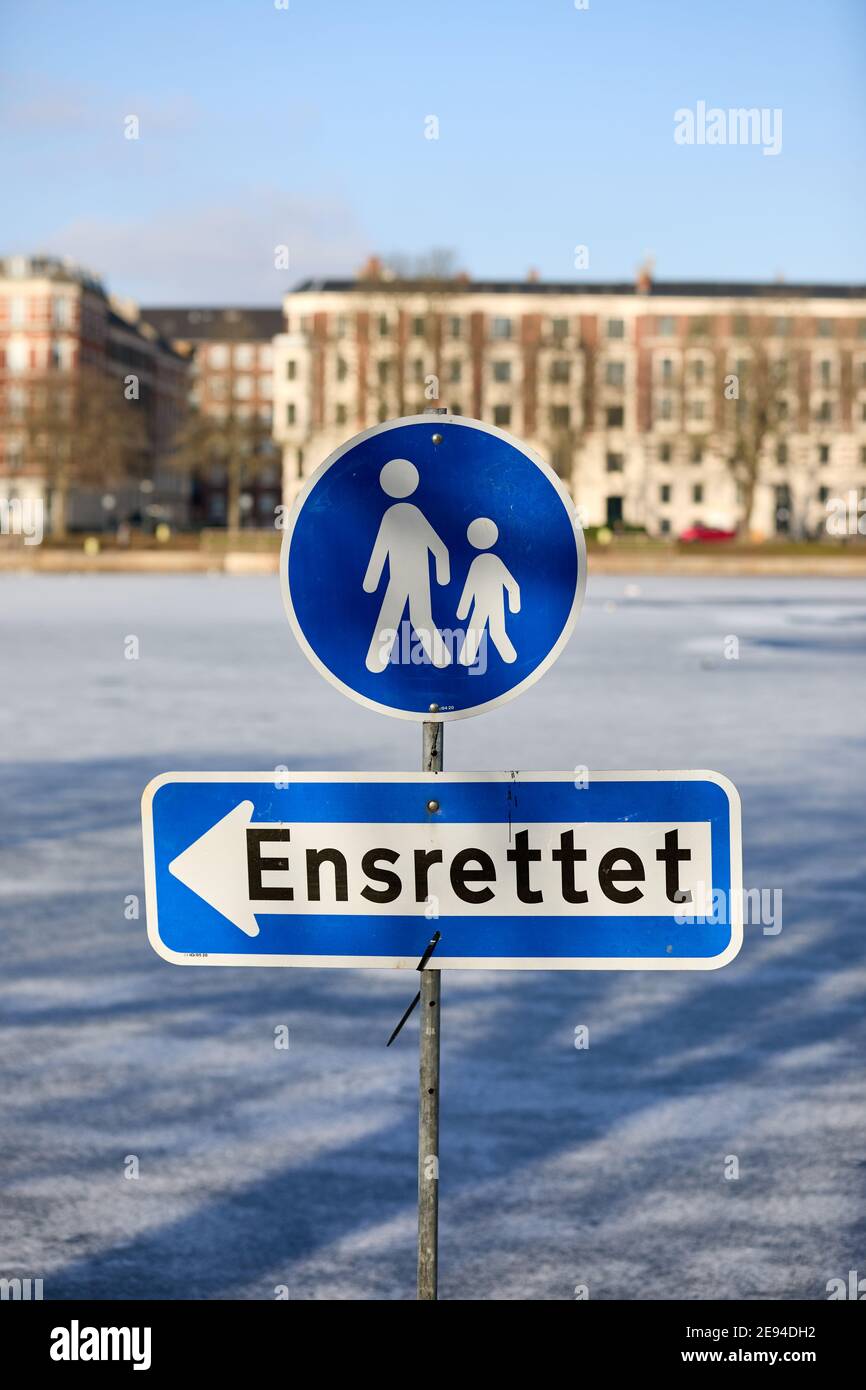 "Ensrettet" ("one way") sign by the lakes in Copenhagen (COVID-19 ...