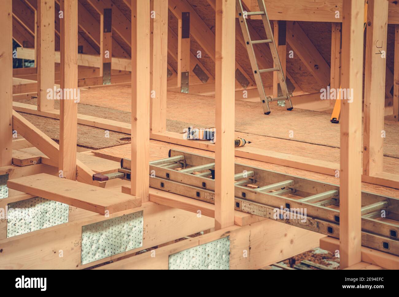 Part of Wooden House Skeleton Frame in the Construction Site. Building ...
