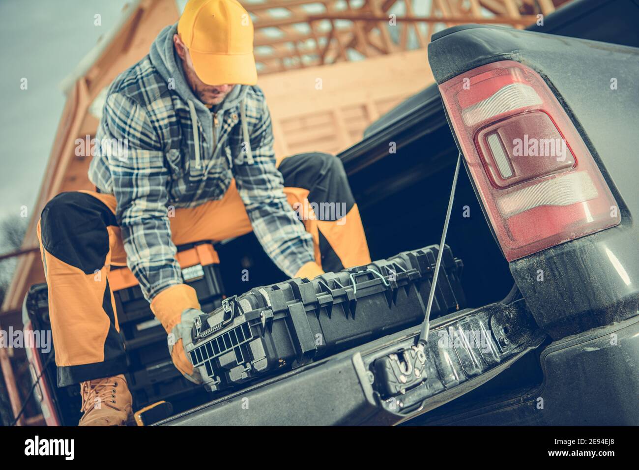 Caucasian Construction Contractor Worker Preparing His Tools on the ...
