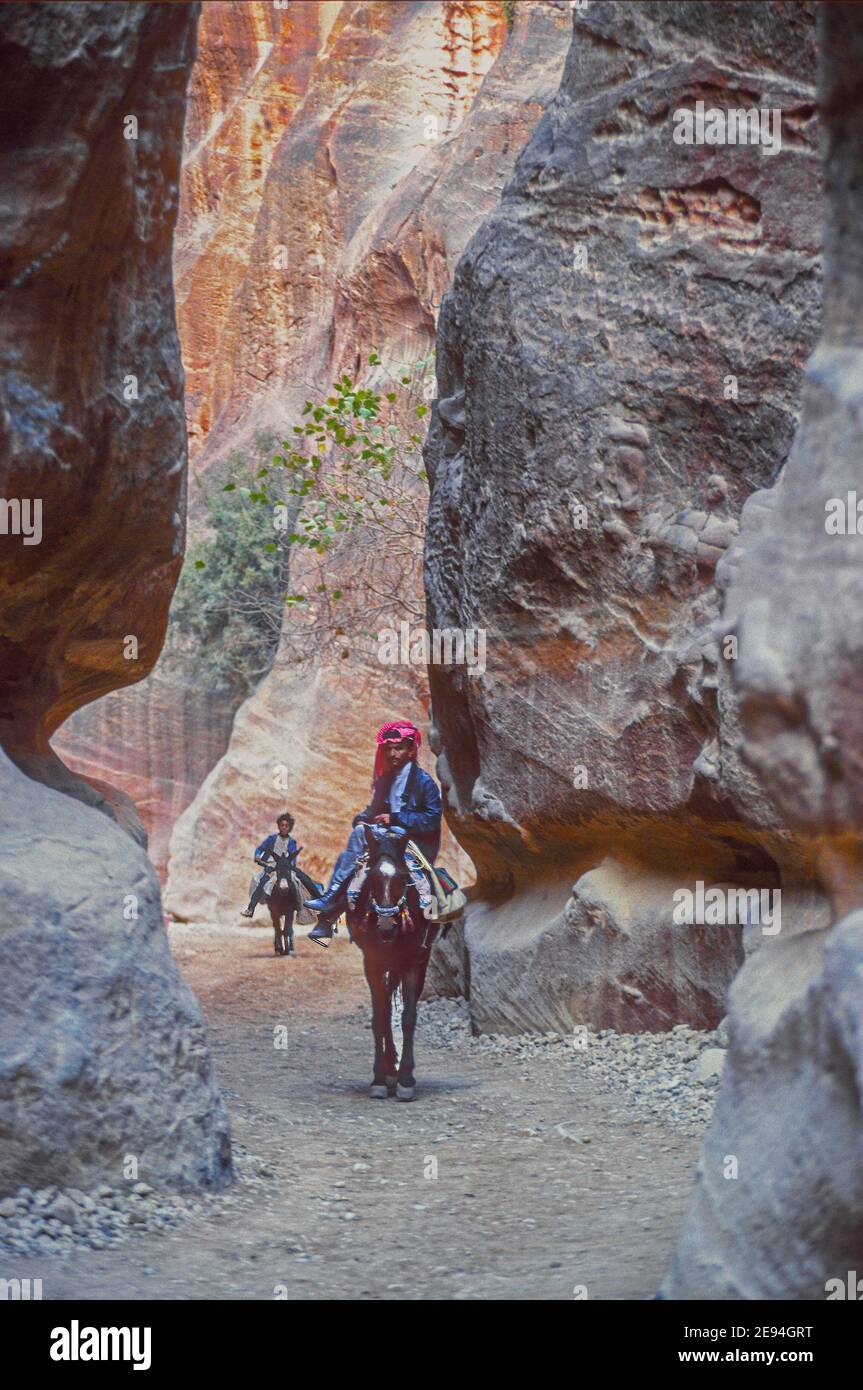 Bedouin man and boy riding horse and donkey along the Siq Petra Jordan ...