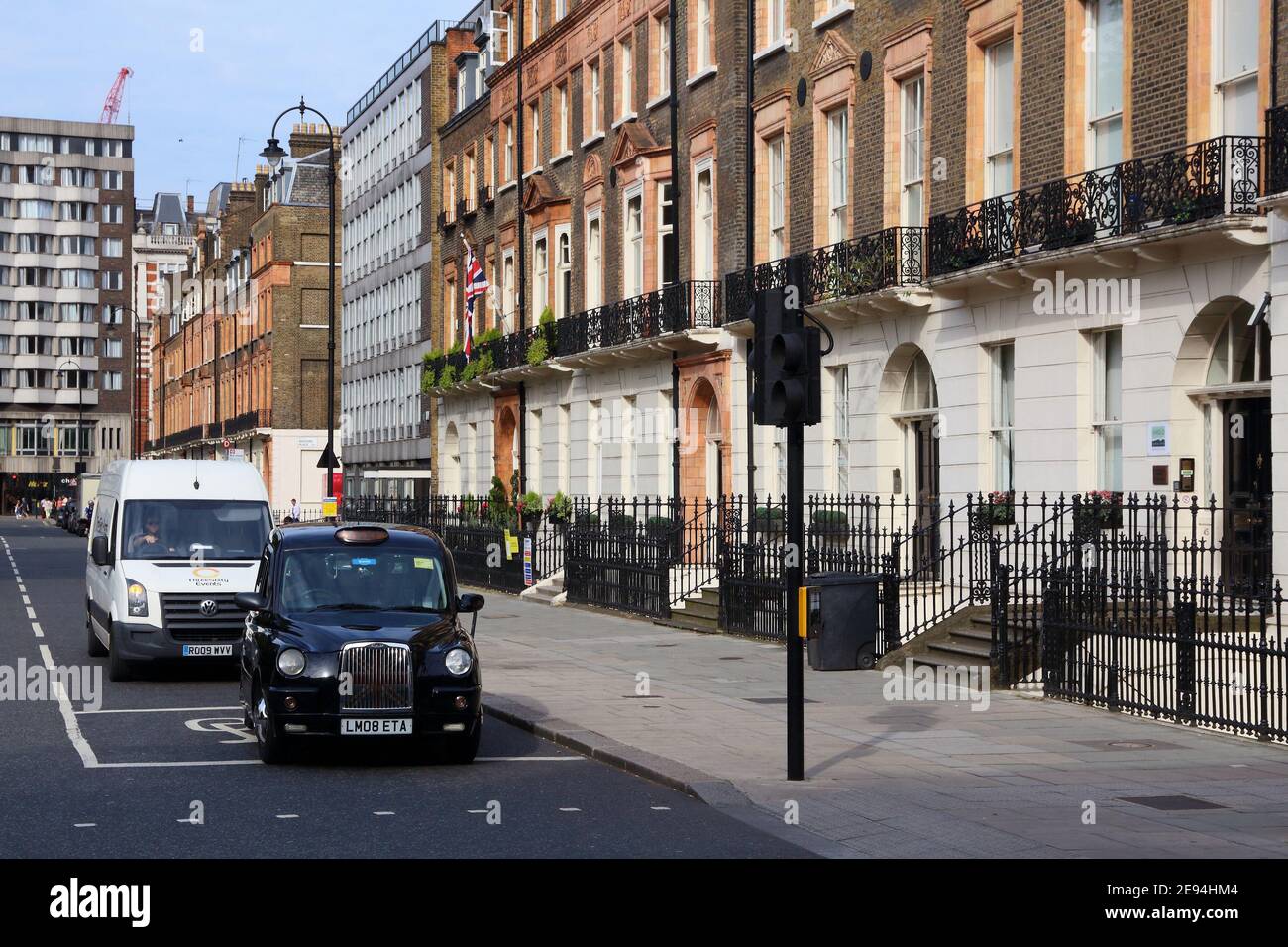 LONDON, UK - JULY 6, 2016: Black hackney cab in Russell Square, London ...