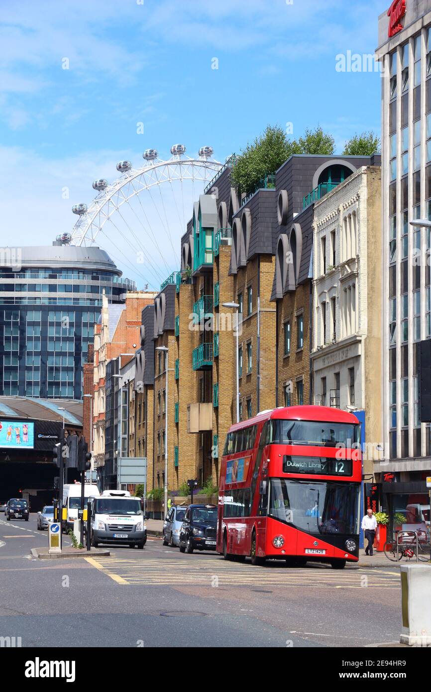 LONDON, UK - JULY 7, 2016: People ride New Routemaster bus in Southwark ...