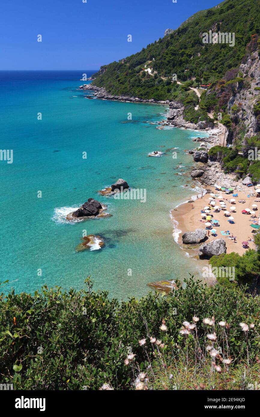Corfu beach landscape - island in Greece. Myrtiotissa Beach below the ...
