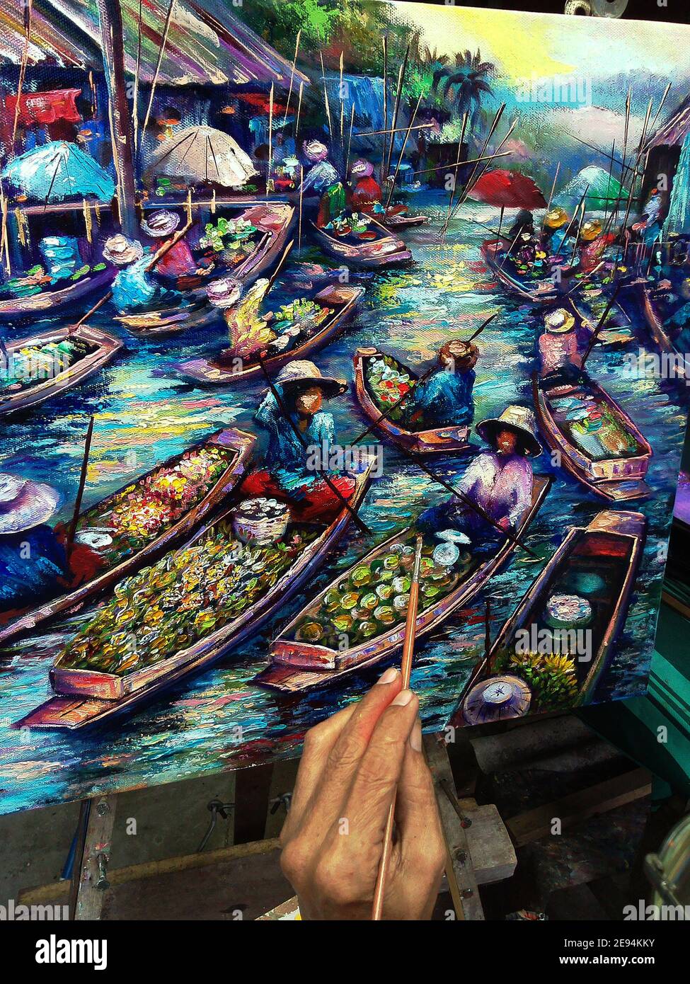 Art ,painting, Oil color ,Floating market , dumnoen saduak Stock Photo ...