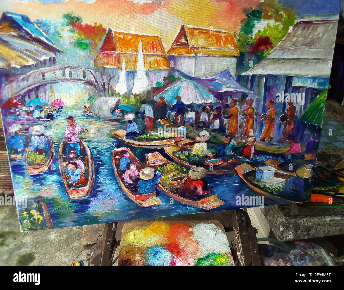 Art painting Oil color Floating market Thailand , countryside , rural ...