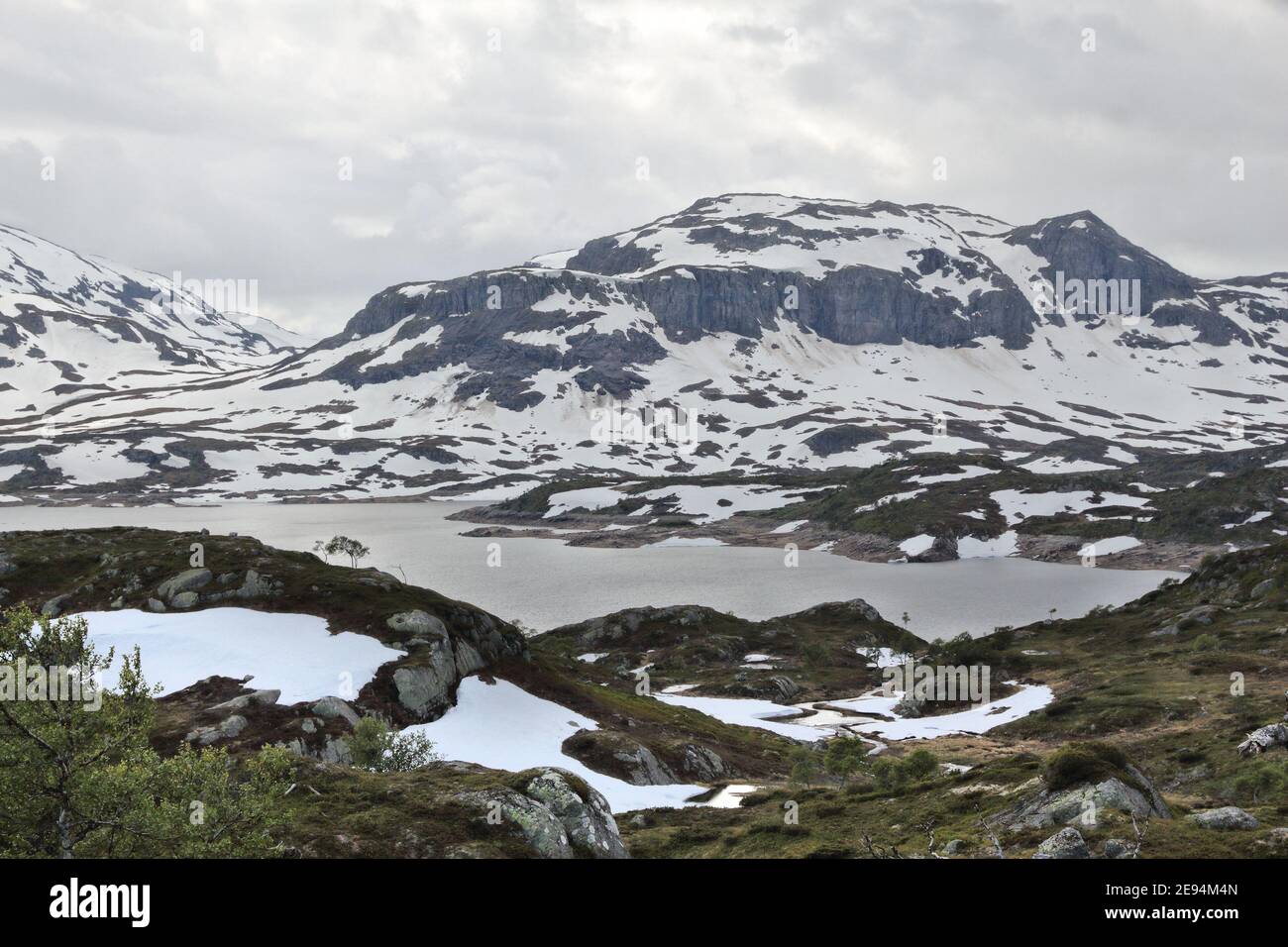 Telemark landscape in Norway. Haukelifjell mountain area. Snow in July ...