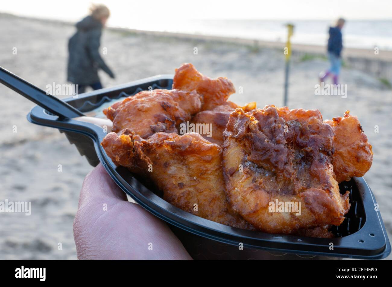 Dutch street seafood, deep fried cod fish fillet with garlic sauce ...