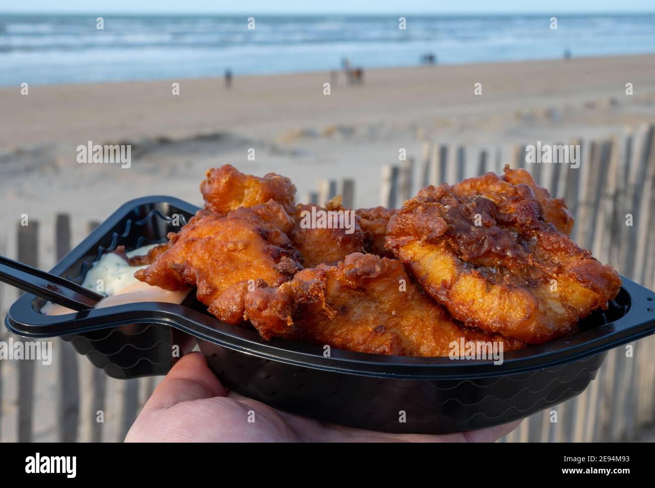 Dutch street seafood, deep fried cod fish fillet with garlic sauce ...