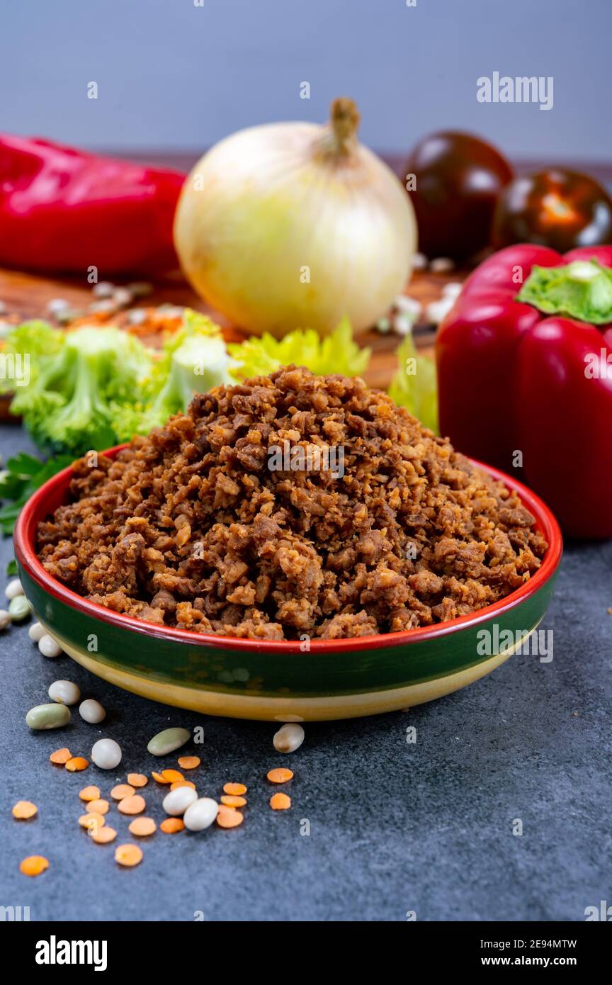 Vegetarian plant based imitation minced soya beans meat ready to eat ...