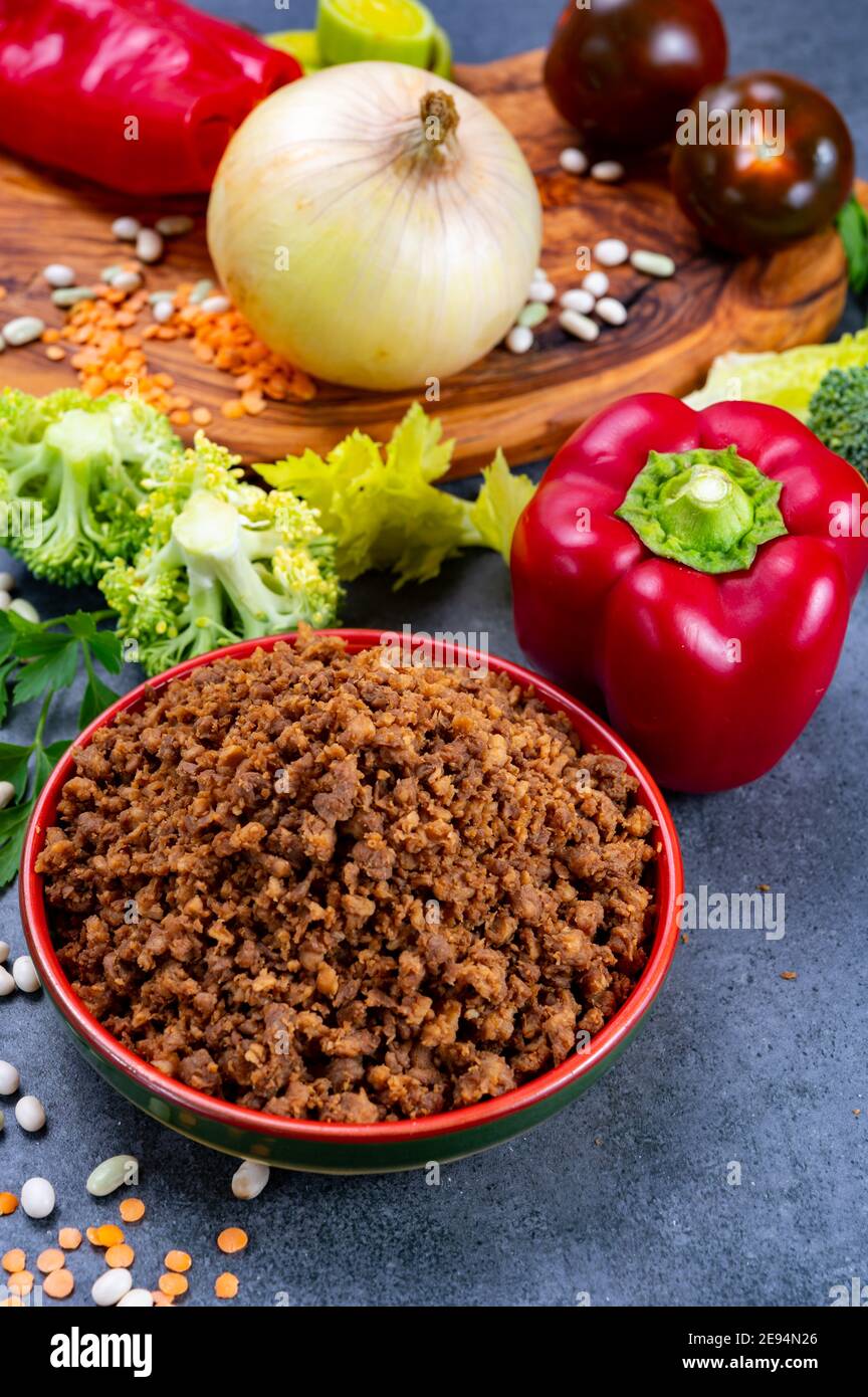 Vegetarian plant based imitation minced soya beans meat ready to eat ...