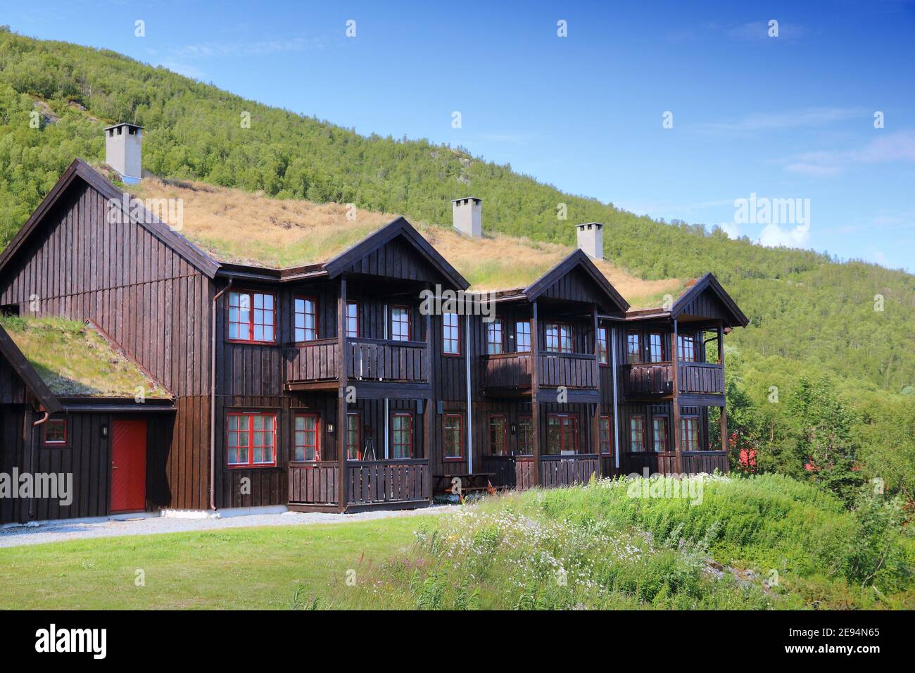 TELEMARK, NORWAY - JULY 15, 2015: Traditional wooden hotel with grass ...
