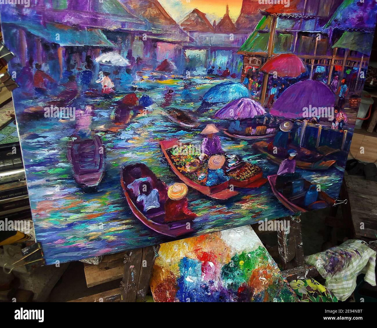 Art ,painting, Oil color ,Floating market dumnoen saduak Stock Photo ...