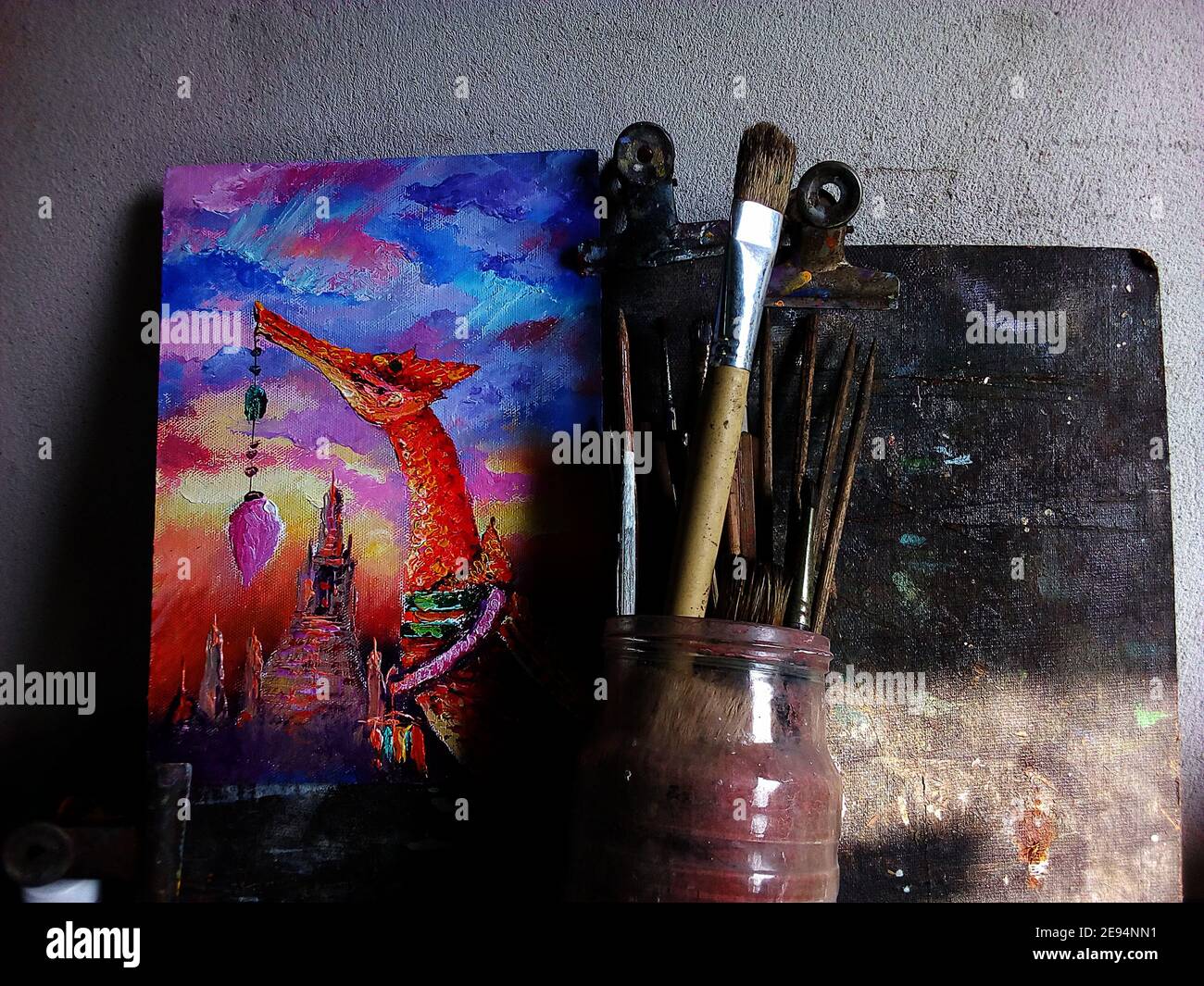 Art, painting ,Oil color, royal barge ,Thailand , Suphannahong Boat ...