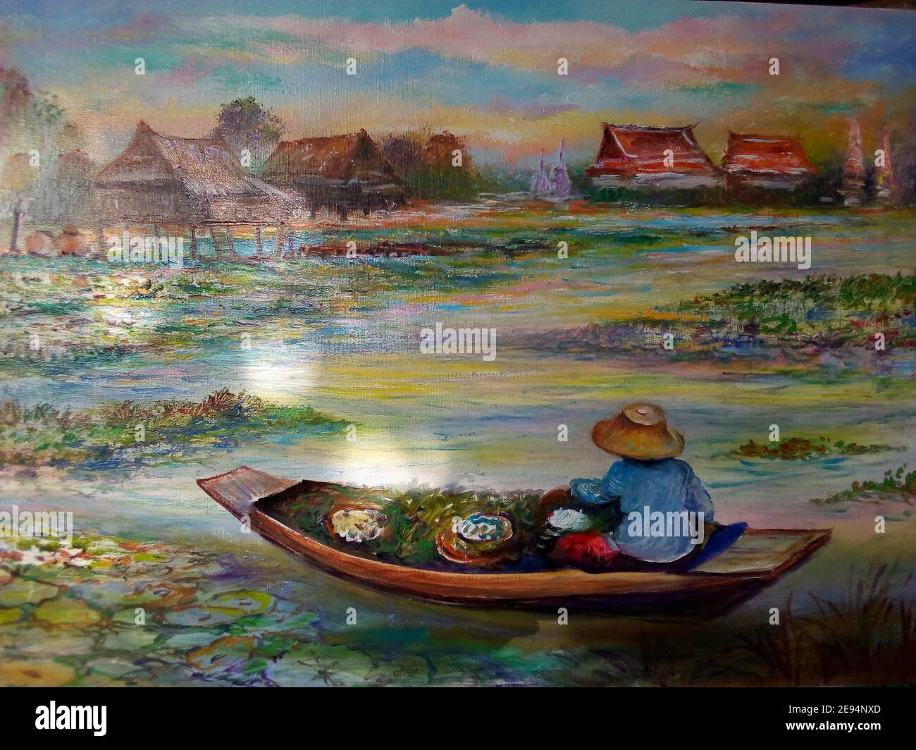 Art painting Oil color Floating market Thailand , countryside , rural ...