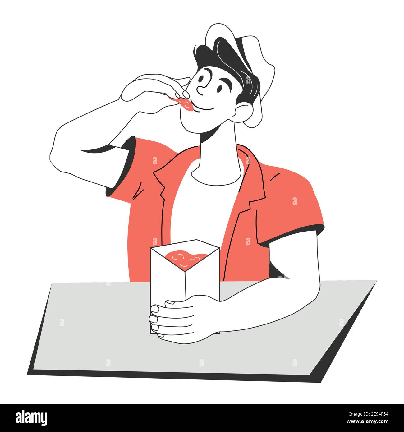 Young man sits at a table and eats snacks from a box, cartoon vector ...