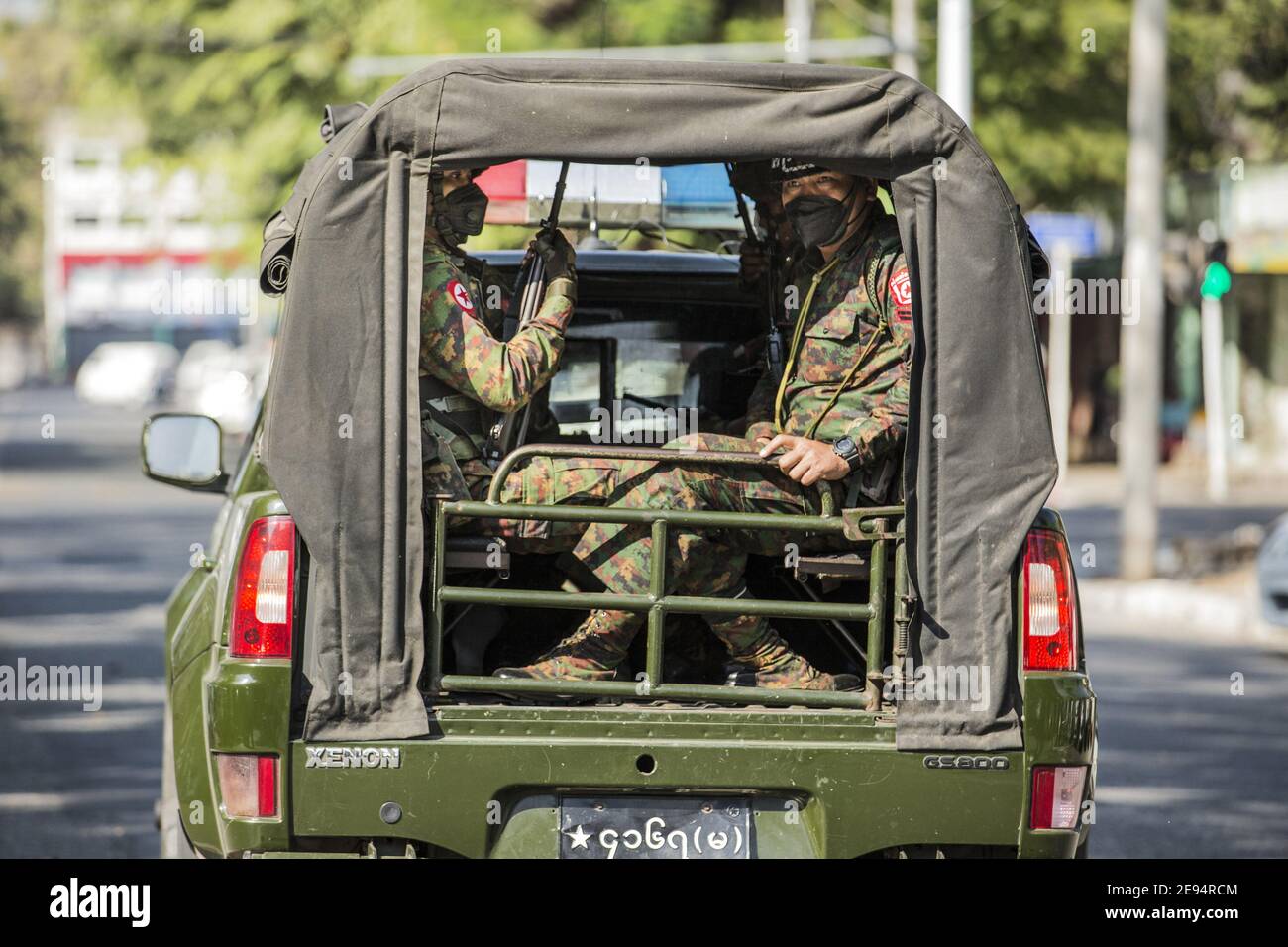 Yangon, Myanmar. 02nd Feb, 2021. Myanmar soldiers sits inside a ...