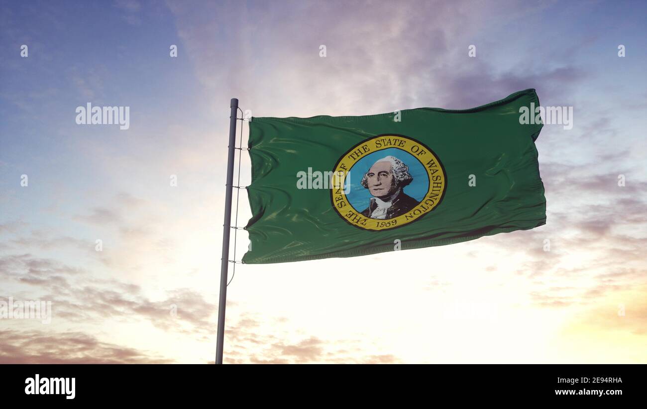 State flag of Washington waving in the wind. Dramatic sky background ...