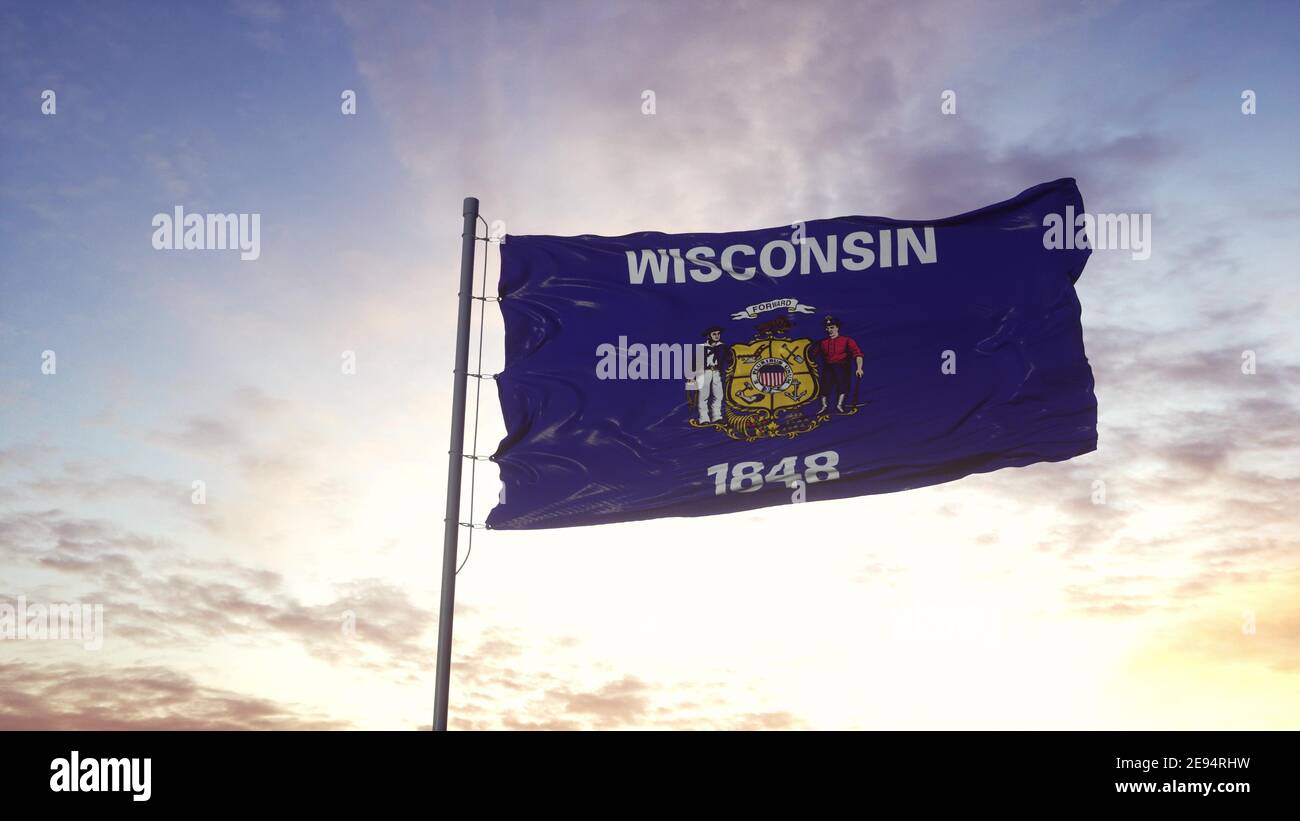 State flag of Wisconsin waving in the wind. Dramatic sky background. 3d ...