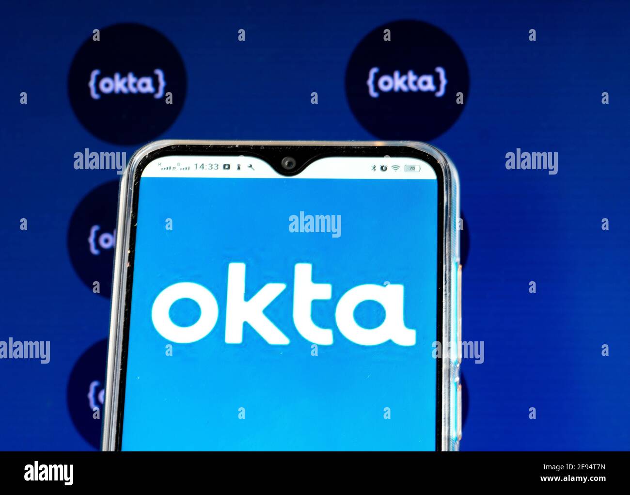 In this photo illustration, an Okta, Inc. logo seen displayed on a ...