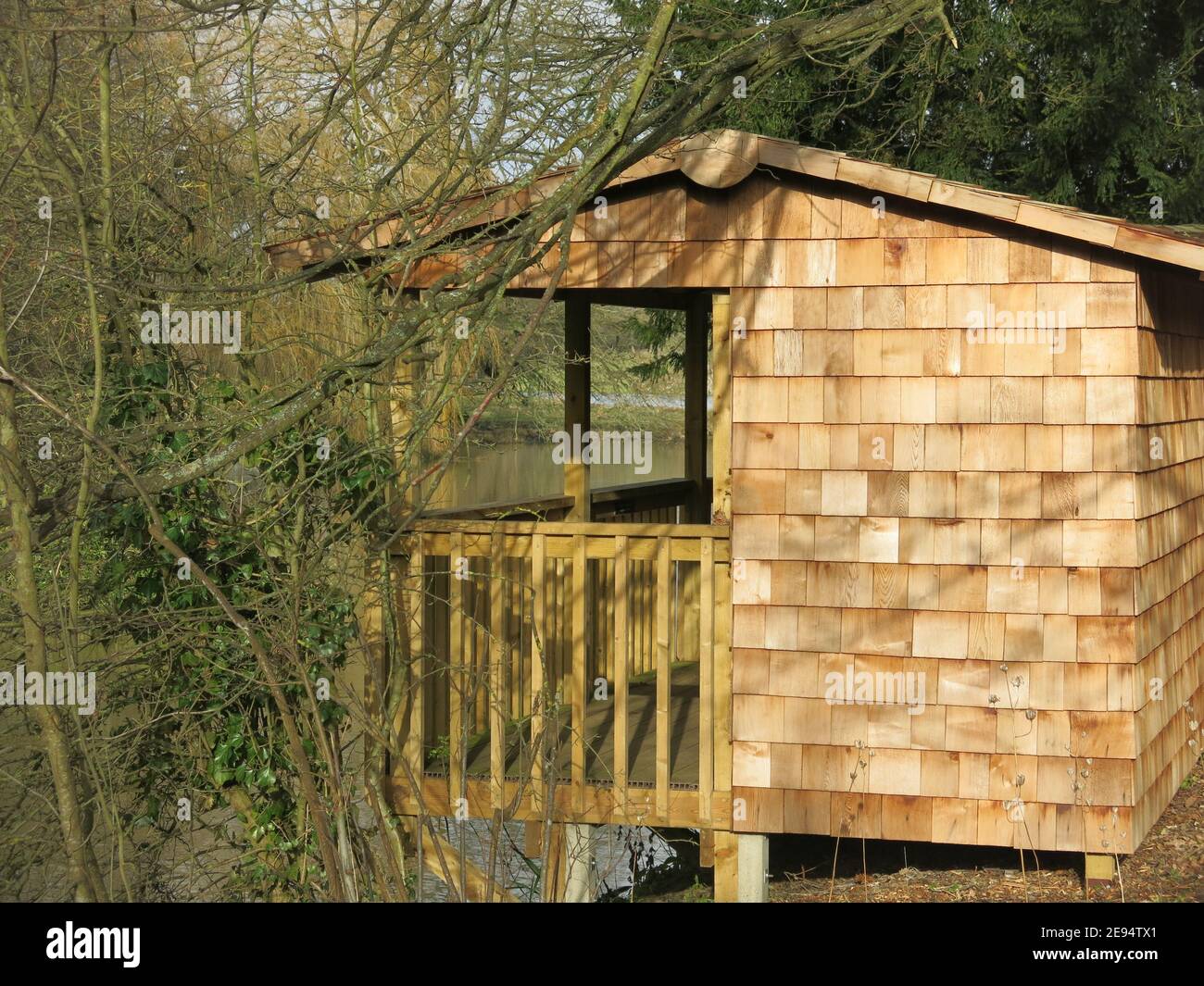 Beautifully crafted, newly-built bird-hide made from wooden shingles ...