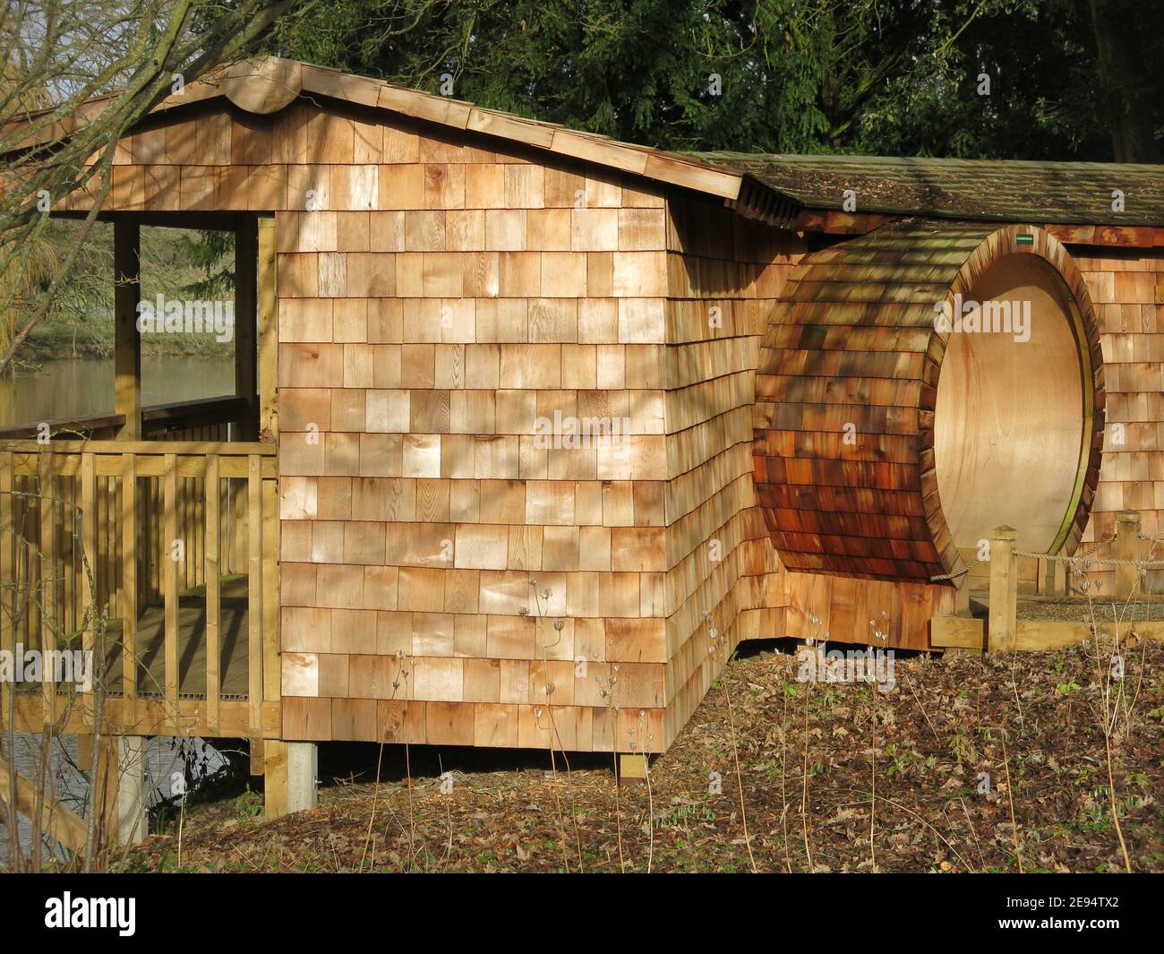 Beautifully crafted, newly-built bird-hide made from wooden shingles ...