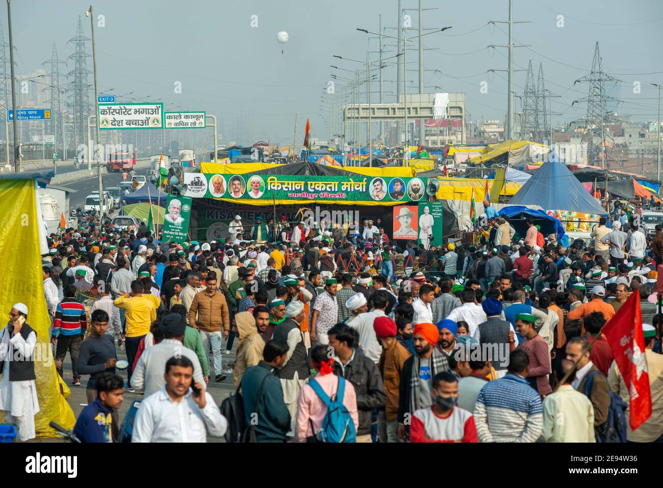 A crowd of agitated farmers is seen on Delhi Meerut expressway.As ...