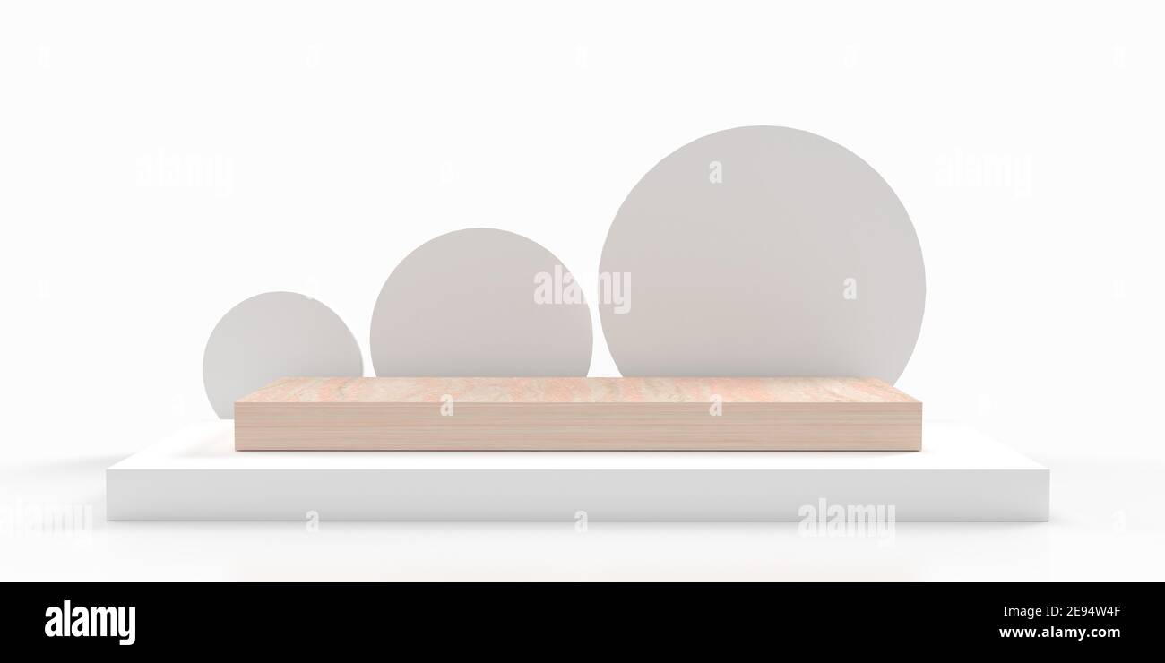 3D rendered geometric white and wood shapes designed around a platform ...
